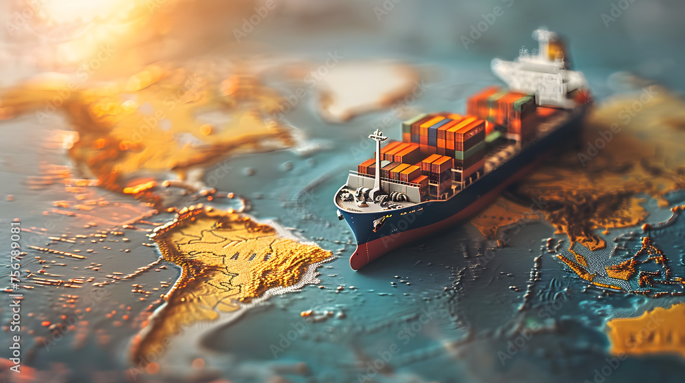 Container ship model on world map , transcontinental transportation or ...