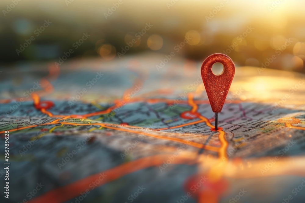 Map with location pin marker and route paths for adventure, discovery ...