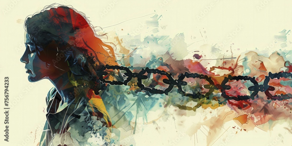 An empowering background features a woman breaking free from chains ...
