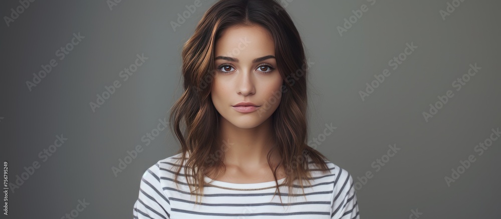 The woman, with black layered hair and eyelash, is wearing a striped ...