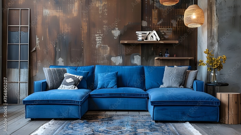 Dark blue corner sofa with wooden panel walls. Modern minimalist living ...