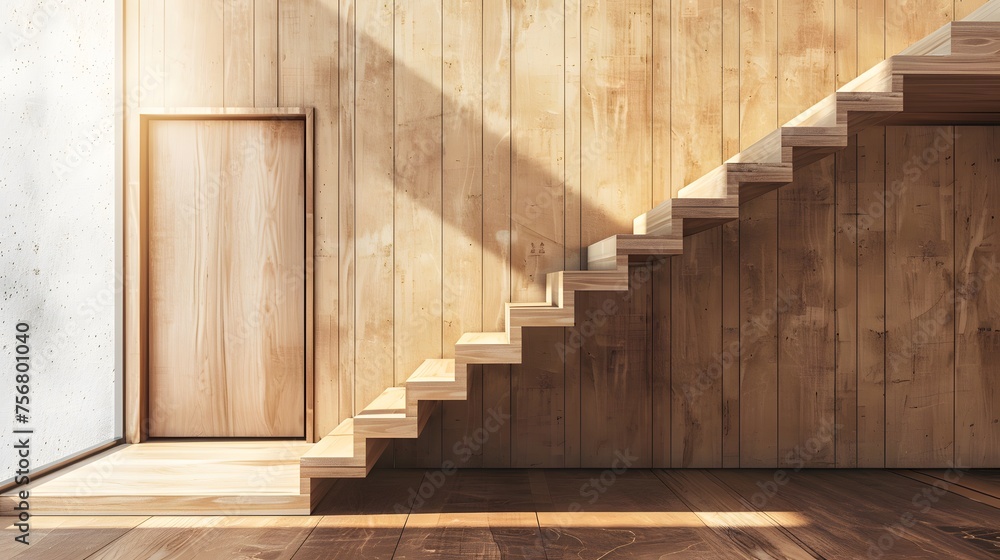 Wooden staircase and lining paneling wall in minimalist style hallway ...