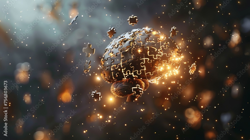A photorealistic scene of a puzzle brain floating in a void illuminated ...