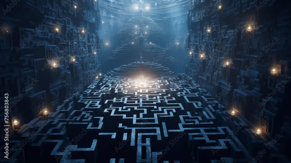 a labyrinth made of towering walls formed by thousands of puzzle pieces ...