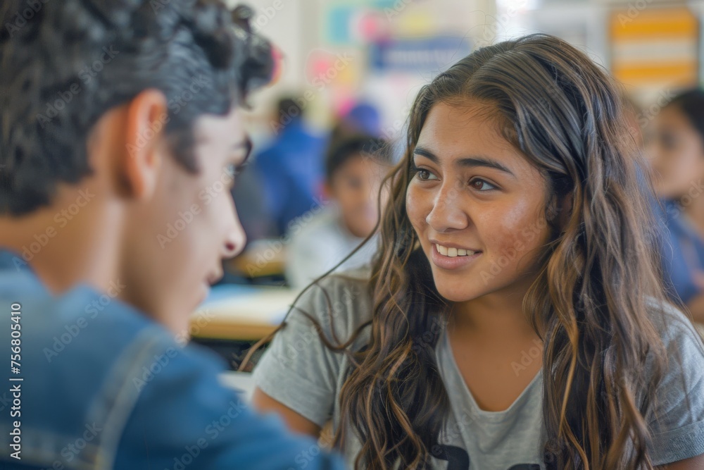 A teenage boy and girl talking to each other in a classroom setting ...