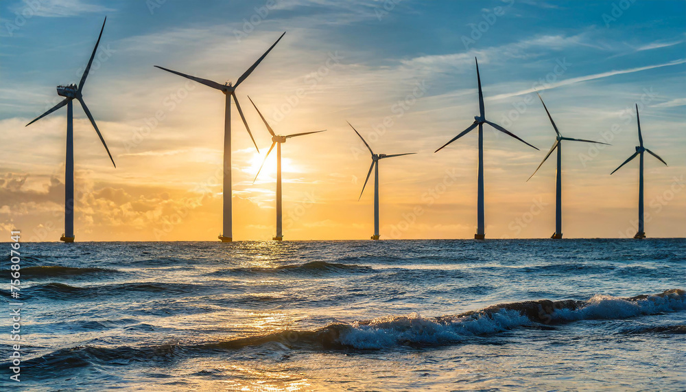 An offshore wind farm with turbines in the ocean, Gentle waves at the ...