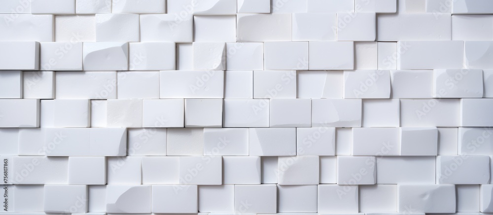 A closeup of a white brick wall with a geometric pattern and ...