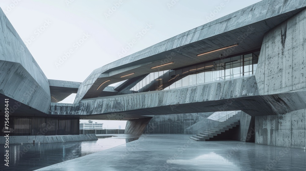 Futuristic Neo-Brutalist museum with exposed concrete and expansive ...