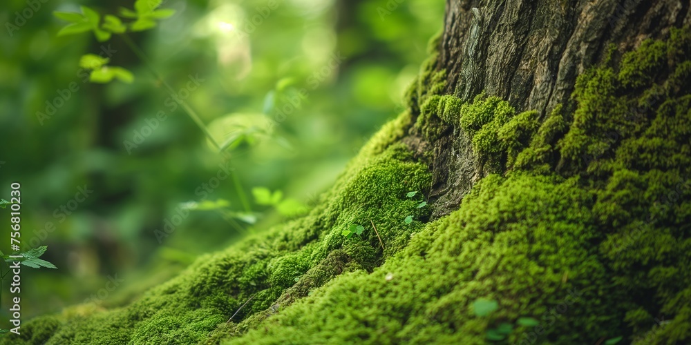 Lush green mossy forest with old tree log background for product ...