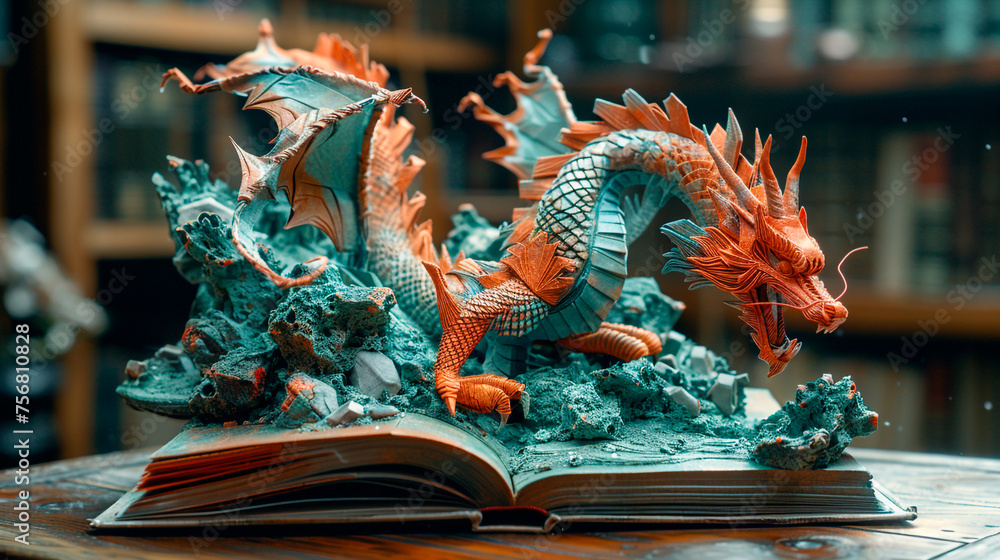Pop-up book, with a giant folding dragon that jumps out of the open ...