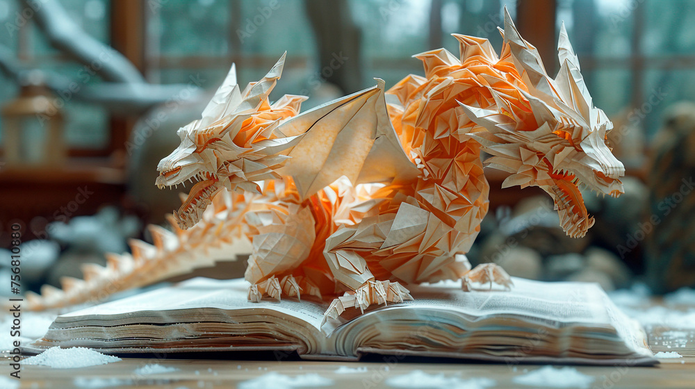 Pop-up book, with a giant folding dragon that jumps out of the open ...