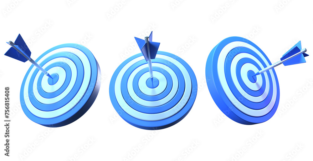 3d icon of blue arrow hitting the center of the dartboard. The bull's ...