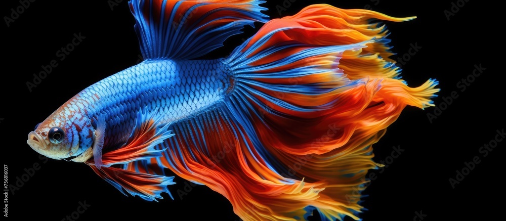 An electric blue betta fish with vibrant fins is gracefully swimming ...