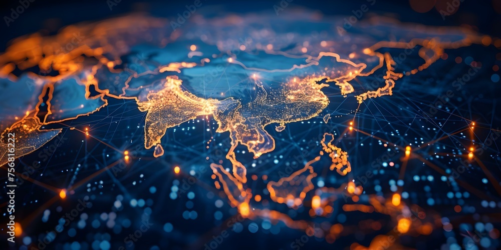 Asia map showing digital technology global connections data transfer ...