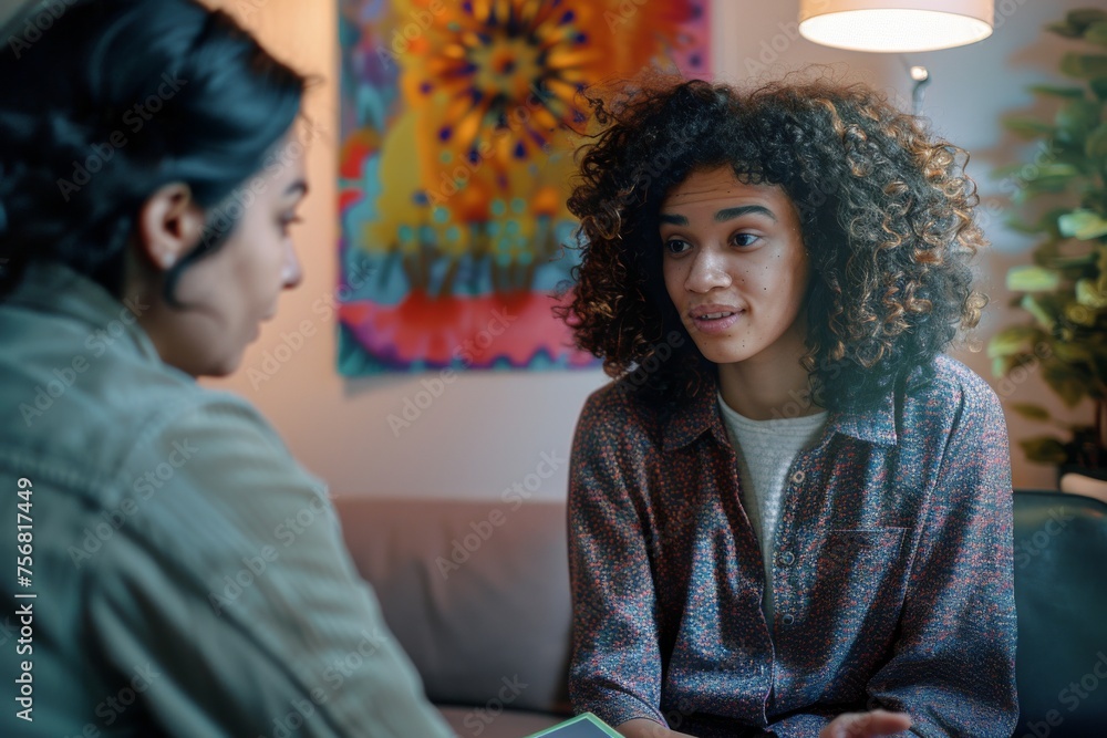 Two women engage in what appears to be a personal and heartfelt ...