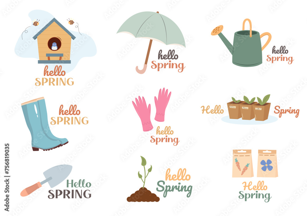 Hello spring set of garden elements. Hand-drawn colorful spring ...