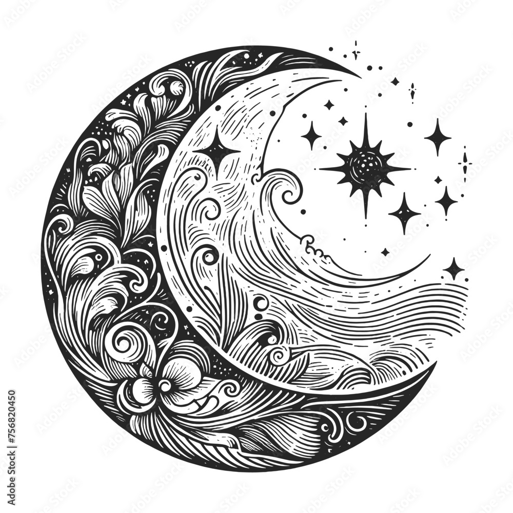 Vintage celestial engraving of a crescent moon encompassing a sun with ...