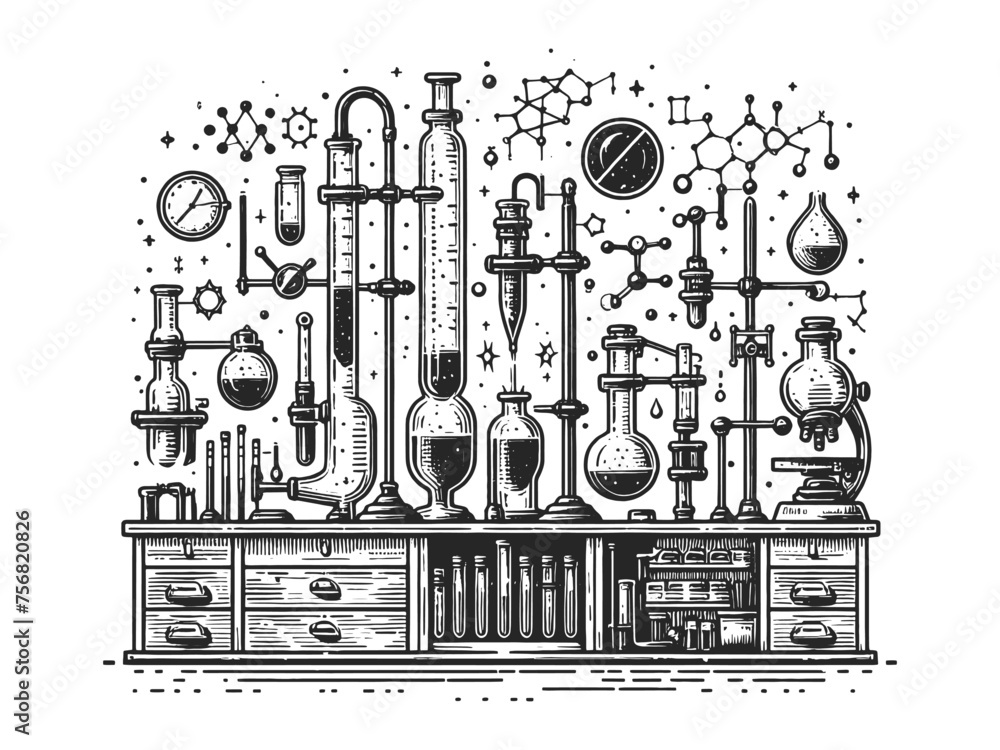 vintage chemistry laboratory setup with various scientific apparatus ...