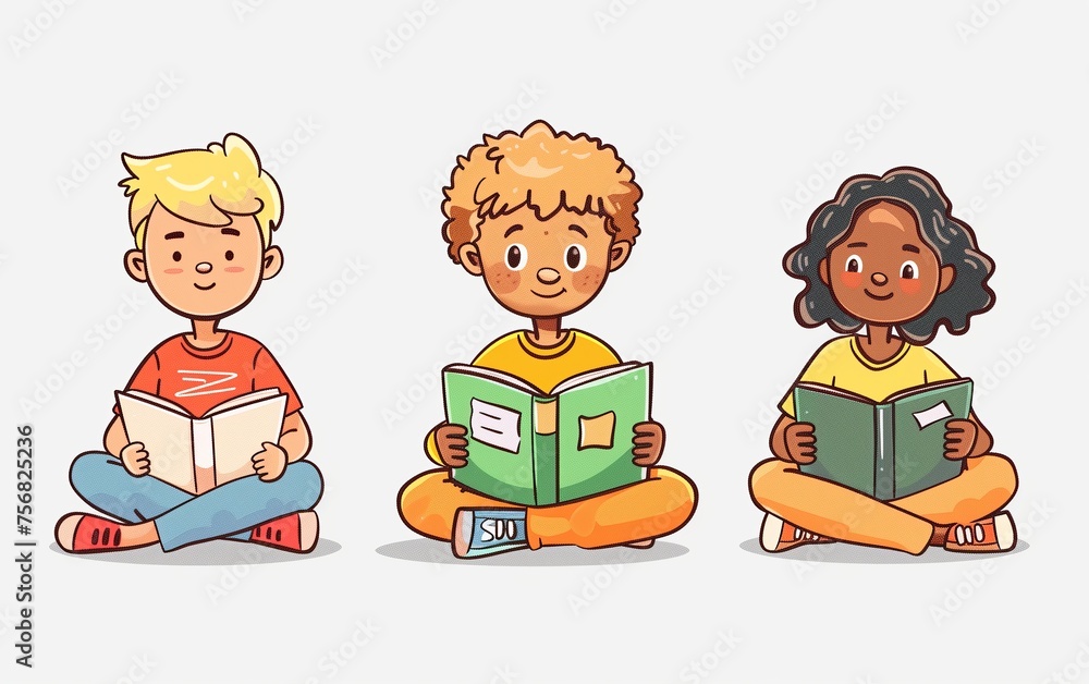 Multicultural Children Reading Books Illustration for Educational and ...
