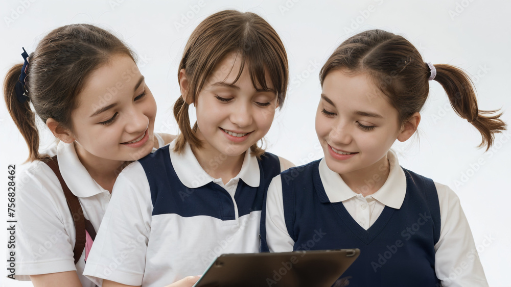 Three little girls use a tablet together. Brunette schoolgirls in ...