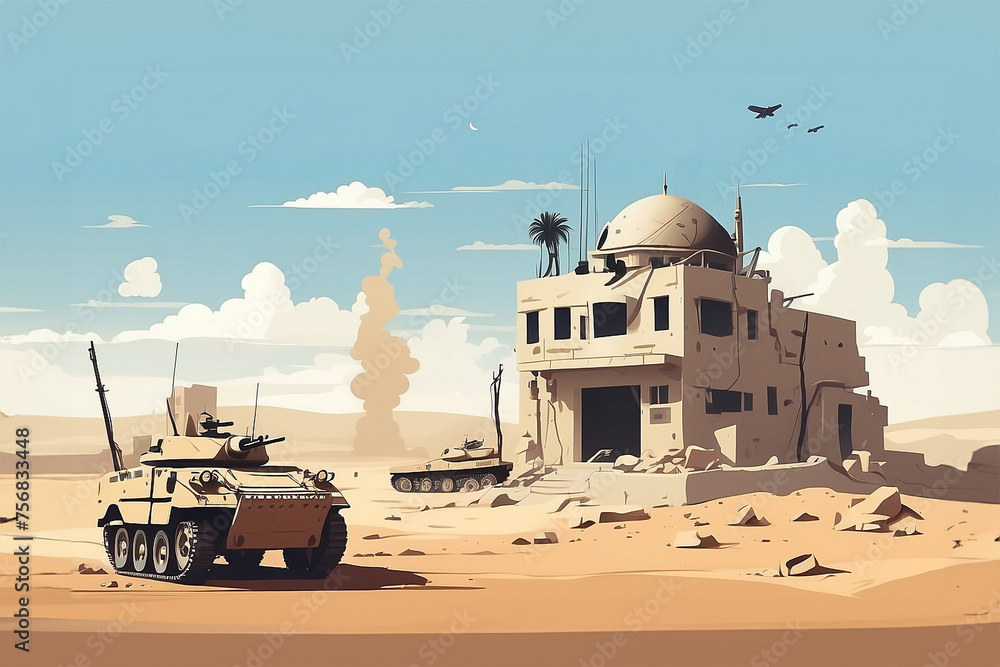 Middle east war scene illustration. Soldiers, tanks and smoke in desert ...