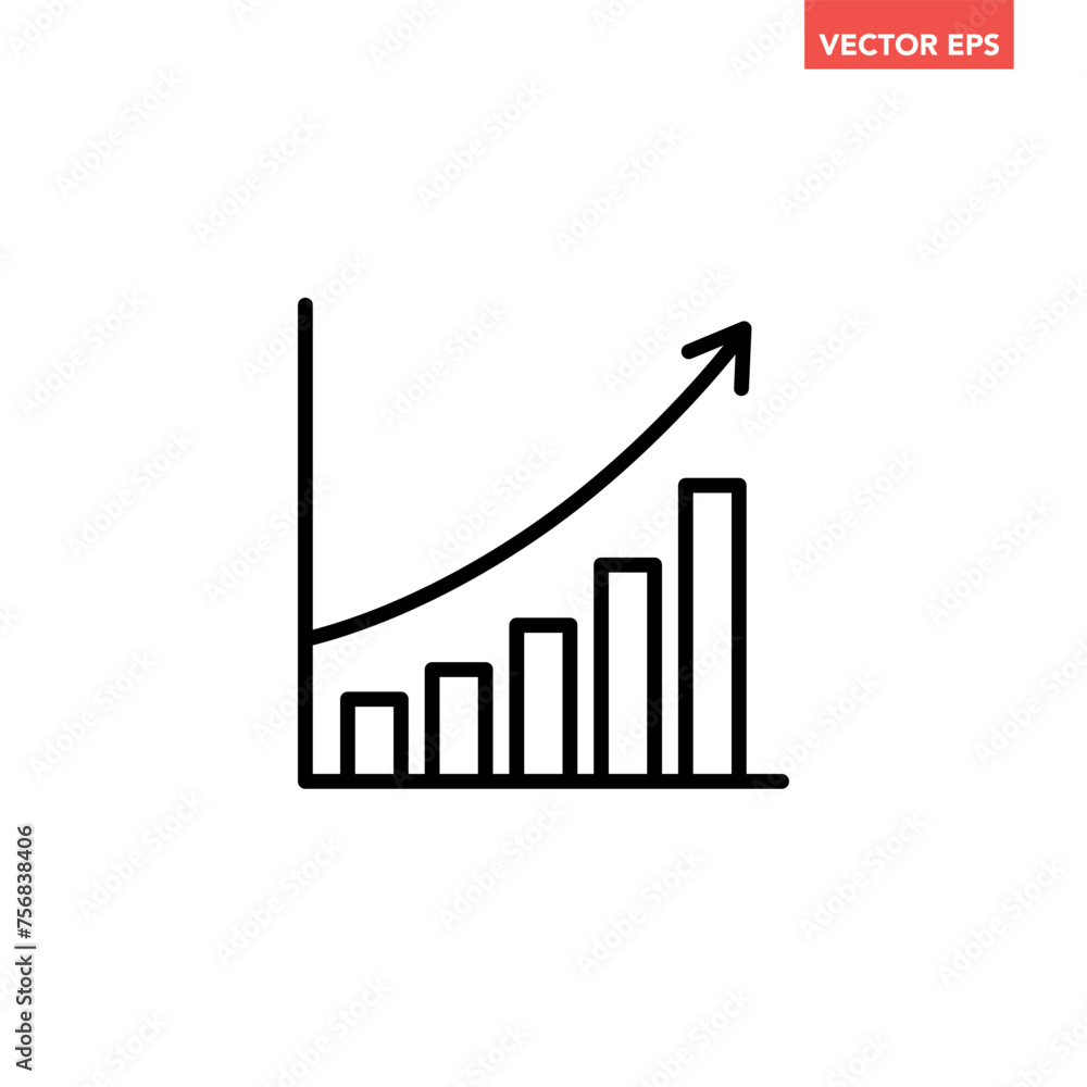 Black single arrow growing up chart graph bars line icon, success graph trending upwards flat ...