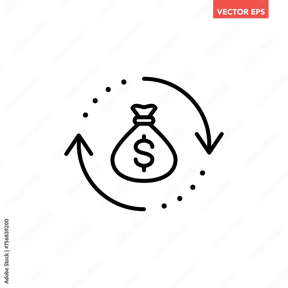 Single black round money back refund investment icon, repeat arrow flat ...