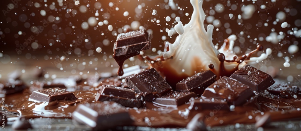 Chocolate cubes explodes in the air. High-speed photography of milk and ...