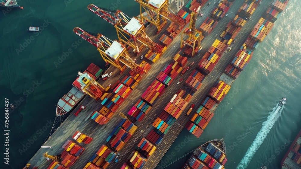 Seaport from above: Colorful containers, towering cranes, and cargo ...