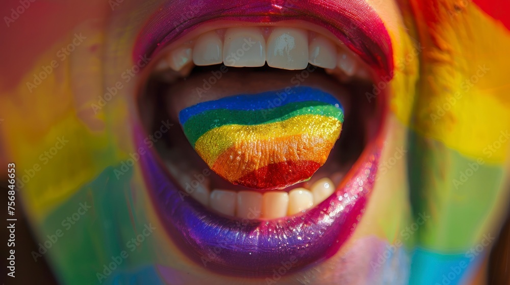 tongue of a beautiful girl painted with the LGBT flag and red lips in ...