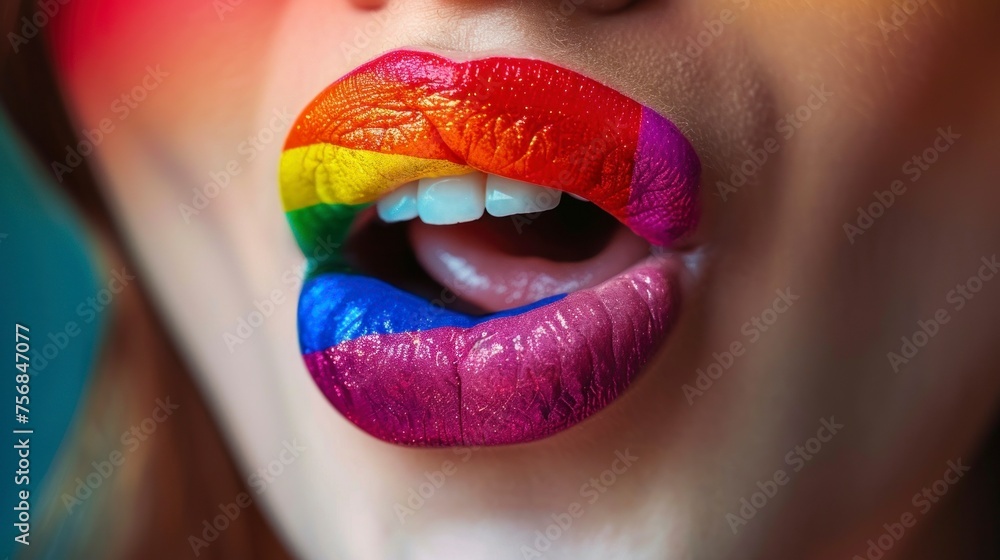 woman's lips painted with LGBT colors in high resolution and high ...