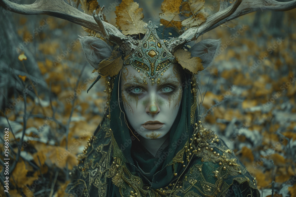 Magic forest nymph or fairy with with a deer head. Beautiful and ...