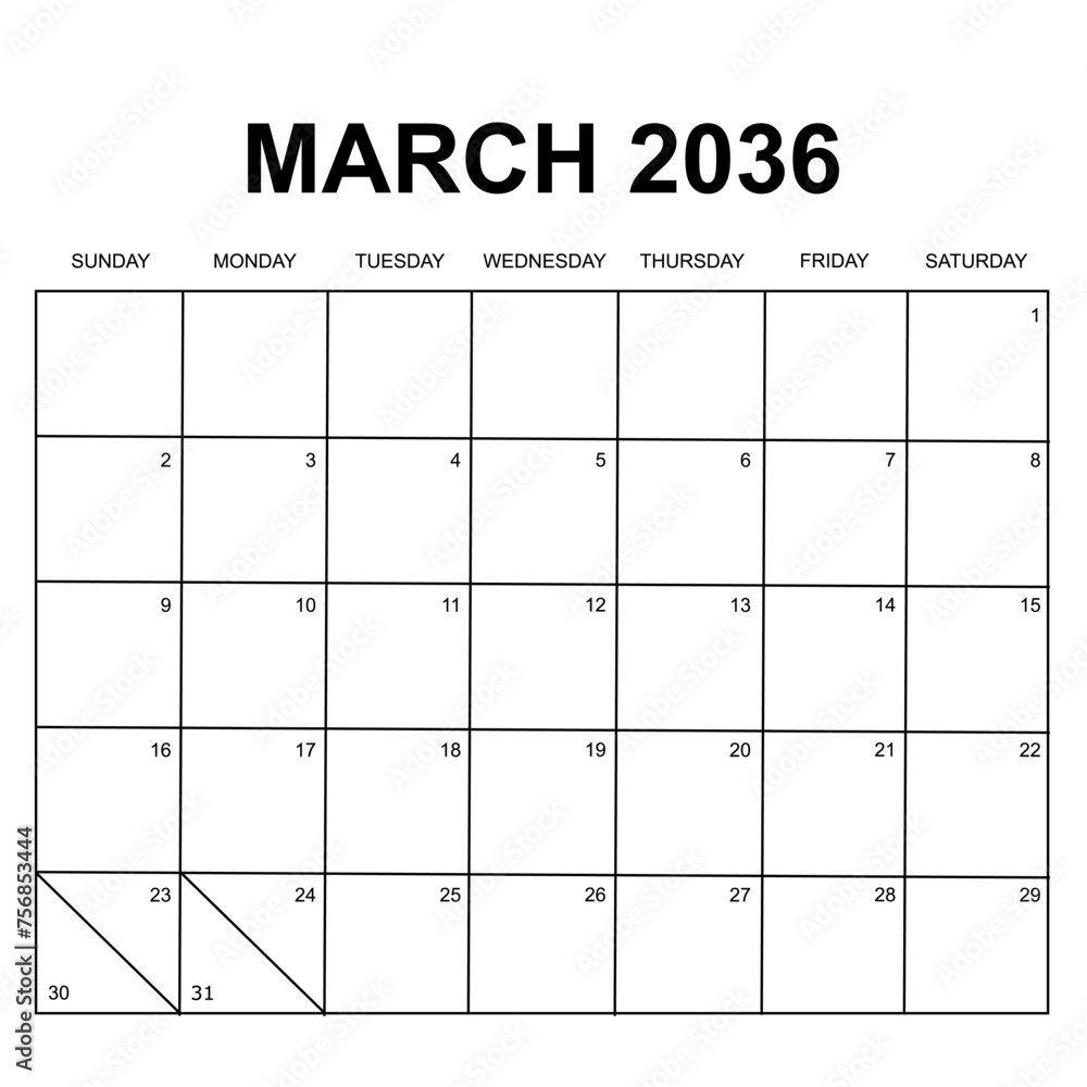 march 2036. monthly calendar design. week starts on sunday. printable ...
