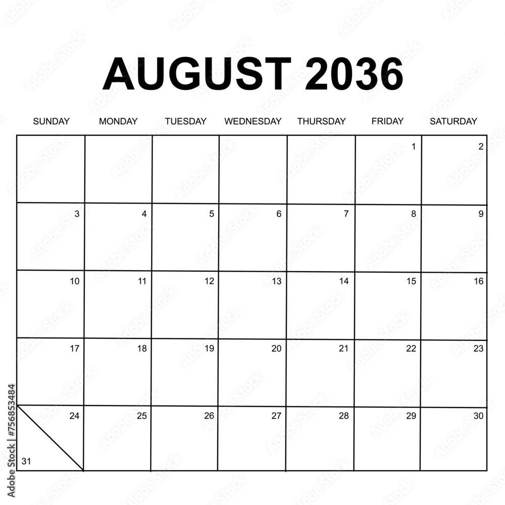 august 2036. monthly calendar design. week starts on sunday. printable ...
