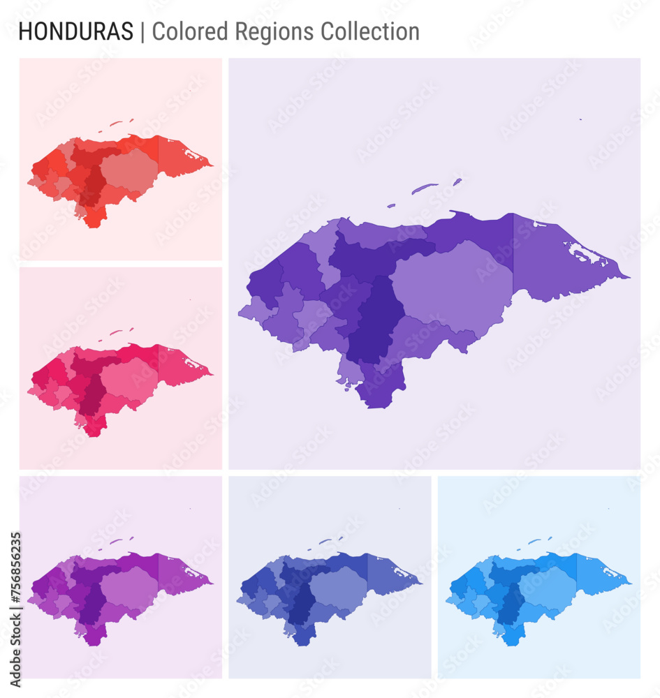 Honduras map collection. Country shape with colored regions. Deep ...