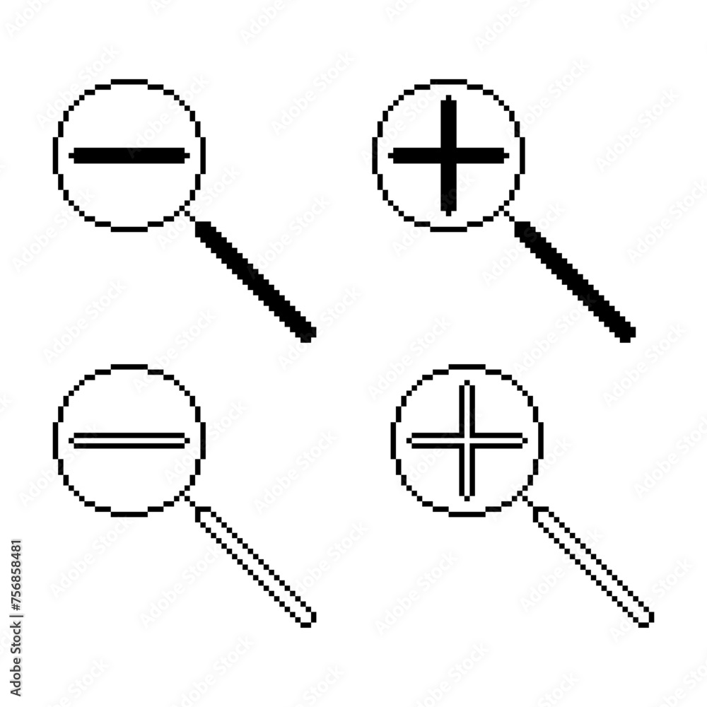 Pixel art Magnifying Glass icon.zoom in zoom out icon set isolated on ...