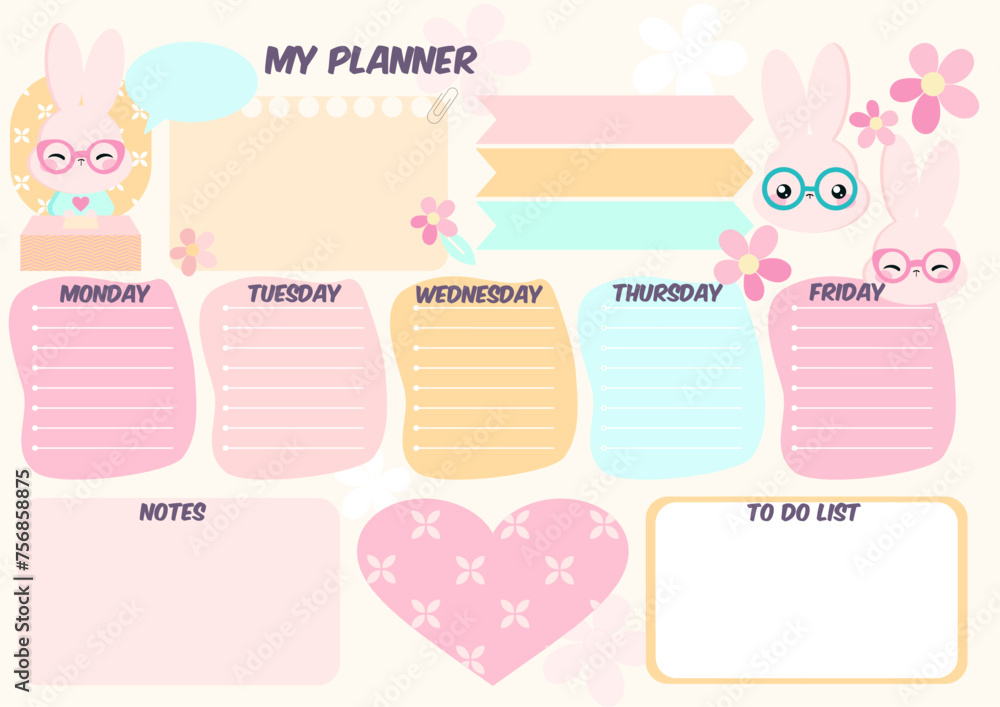 Notes Cute daily planer with kawaii bunny animals characters on white ...