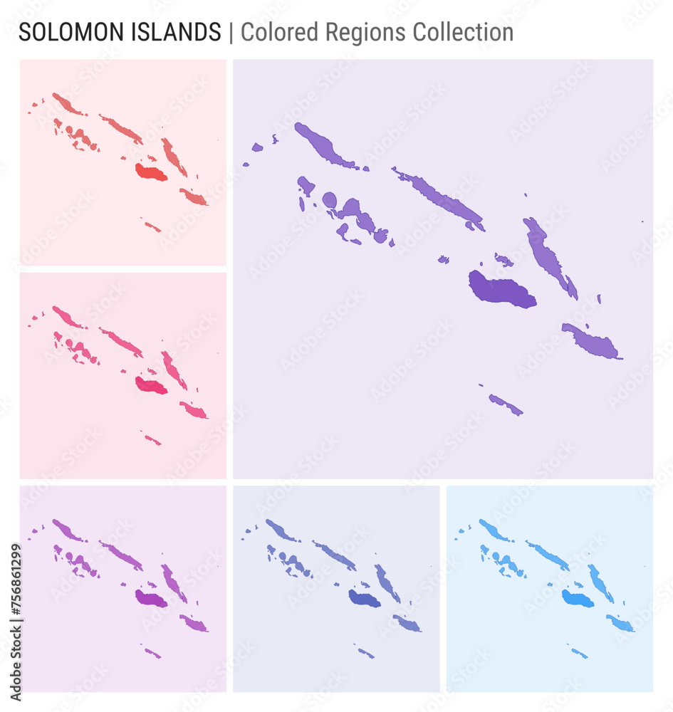 Solomon Islands map collection. Country shape with colored regions ...