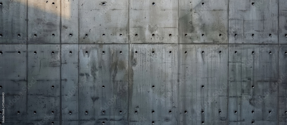 A detailed closeup image of a concrete wall featuring rectangular holes ...