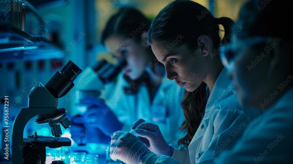 In the immunology research lab a team of scientists huddles around a ...