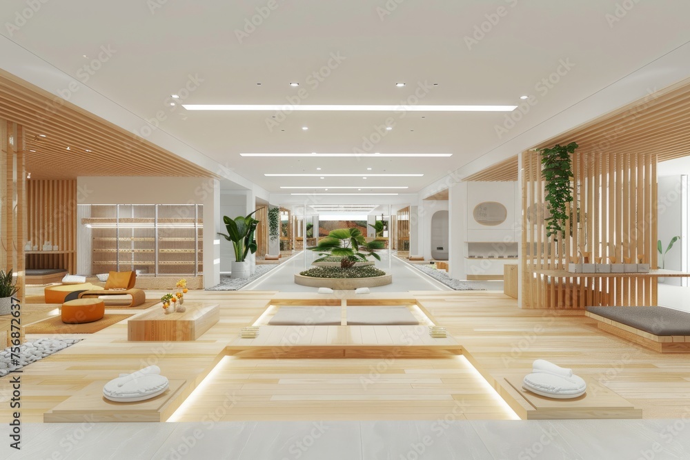 Modern wellness center with holistic treatment rooms, fitness equipment ...