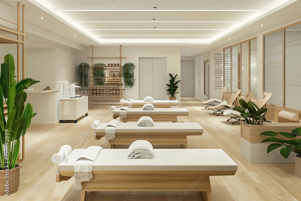 Modern wellness center with holistic treatment rooms, fitness equipment ...