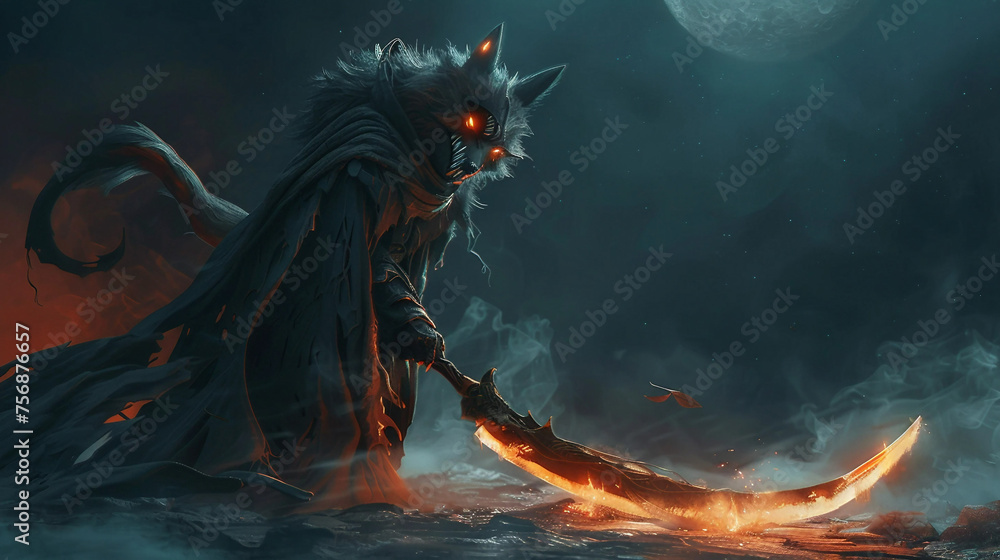 Generative AI, Picture a ghostly fox reaper with a skull-like face ...