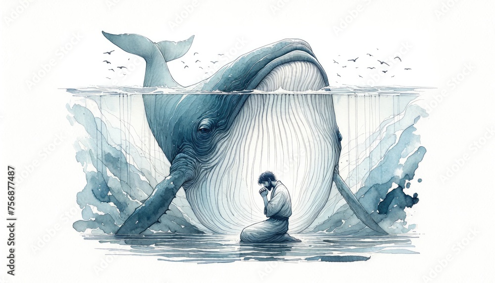 Jonah and the Whale. Watercolor illustration of a man looking at a ...
