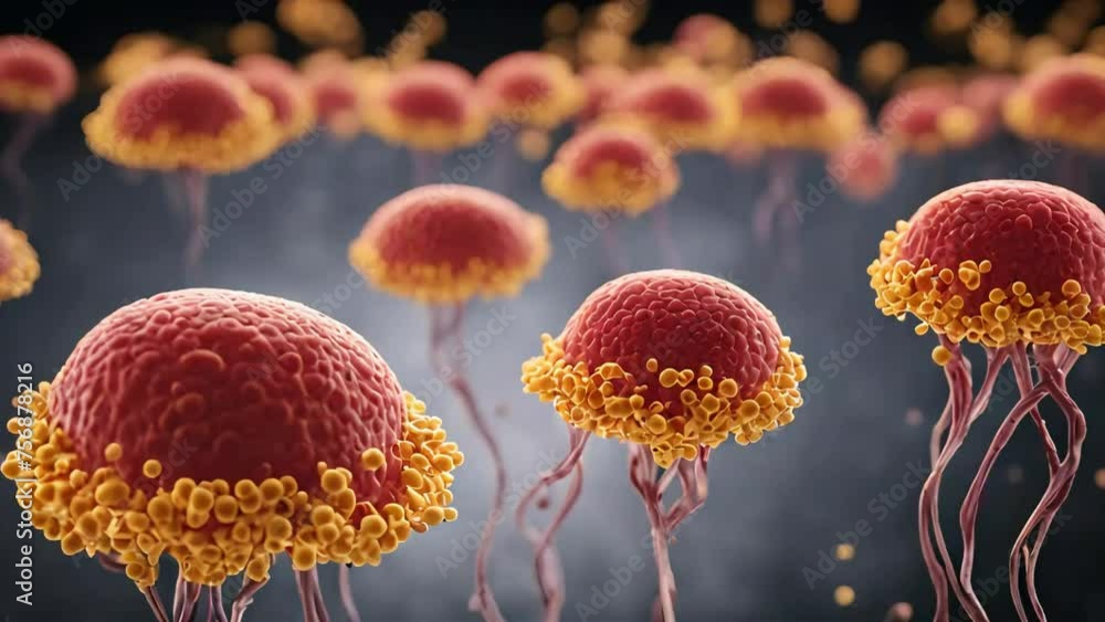 Viruses and leukocytes on a blur background under a microscope, Virus ...