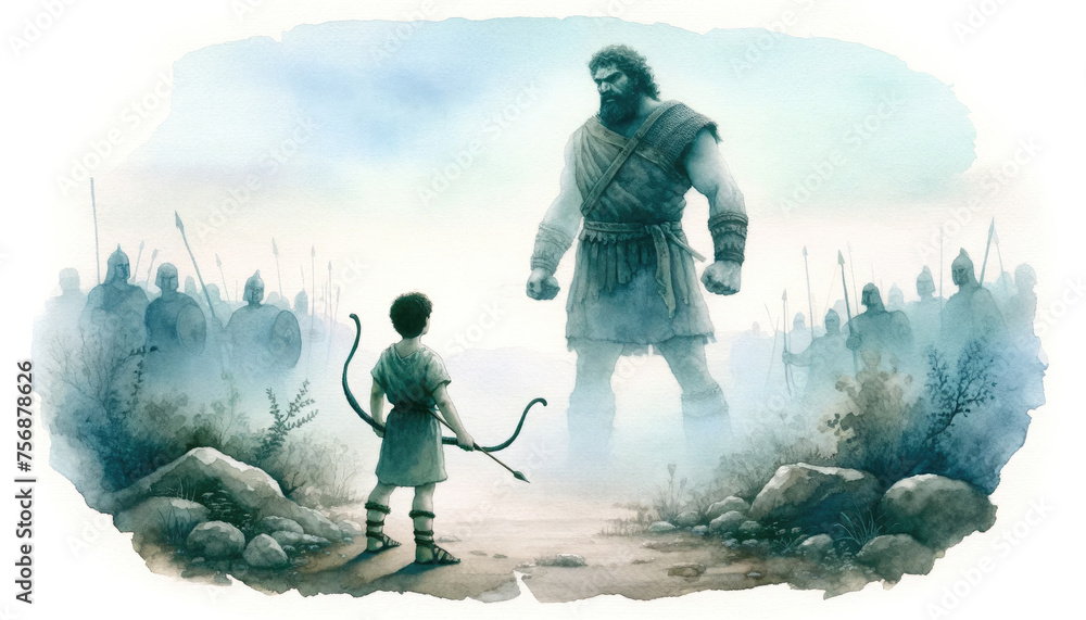 David and Goliath. Digital painting of an ancient warrior with a giant ...