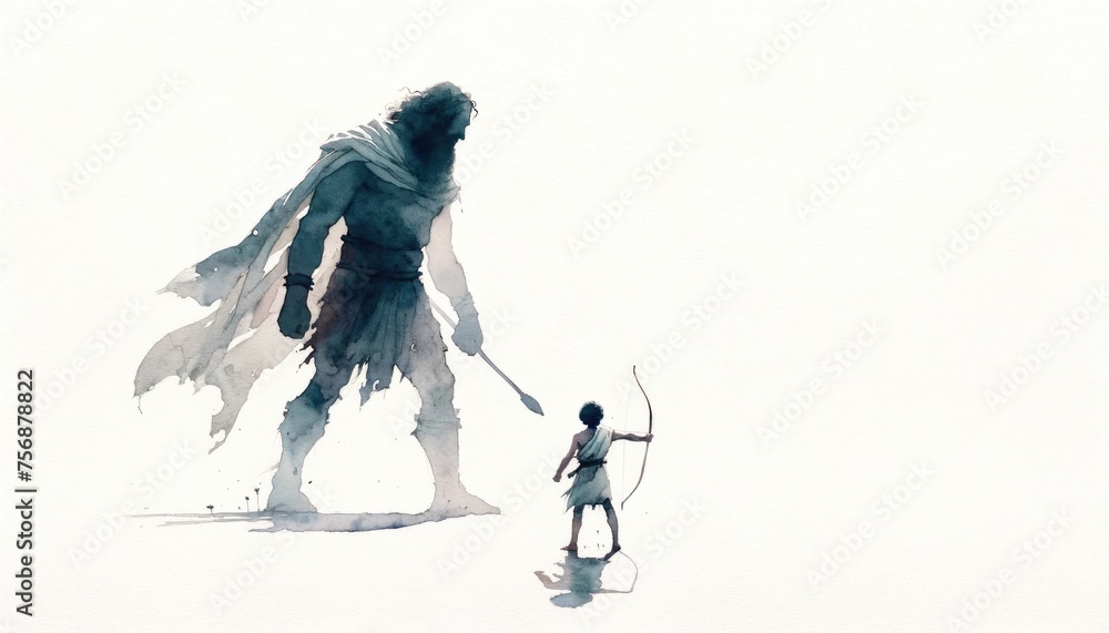 David and Goliath. Digital painting of an ancient warrior with a giant ...