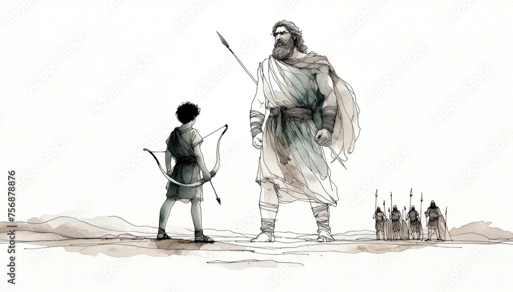 David and Goliath. Digital painting of an ancient warrior with a giant ...