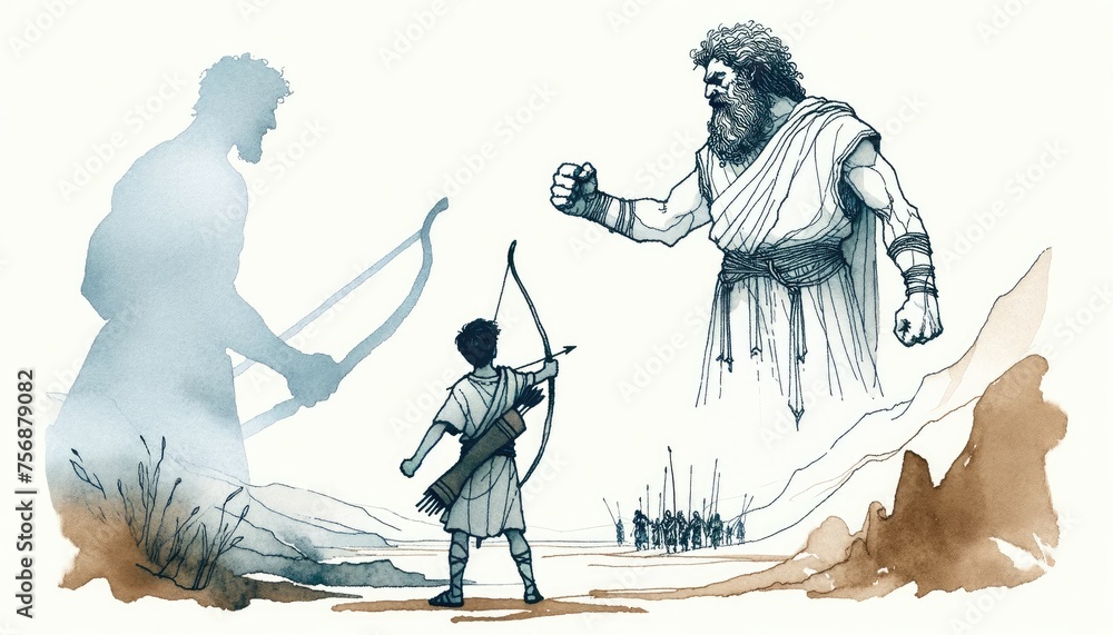 David and Goliath. Digital painting of an ancient warrior with a giant ...