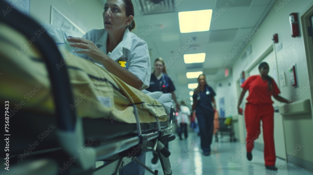 A nurse rushes a stretcher into the emergency room where a trauma team ...